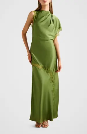 EVER NEW Kody One-shoulder Satin & Lace Gown - Green