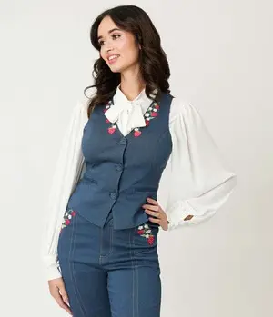 Unique Vintage 1940s Embroidered Button Up Vest - Denim W/strawberries