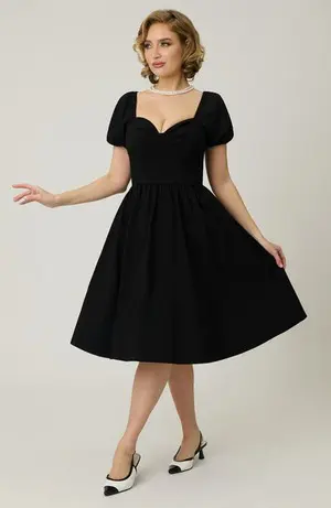 Unique Vintage Sweetheart Puff Sleeve Swing Dress - Solid Black
