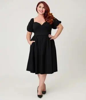 Unique Vintage Sweetheart Puff Sleeve Swing Dress - Solid Black