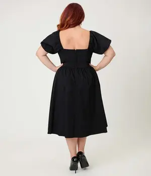 Unique Vintage Sweetheart Puff Sleeve Swing Dress - Solid Black