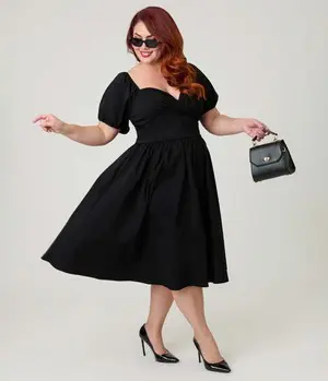 Unique Vintage Sweetheart Puff Sleeve Swing Dress - Solid Black