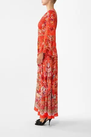 Camilla Silk V-neck Ruffle Sleeve Maxi Dress