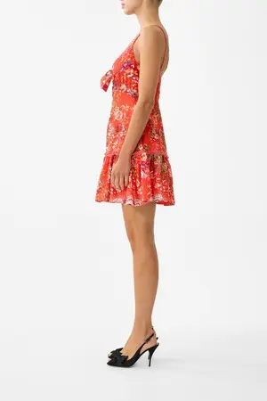 Camilla Tie Front Short Dress With Hem Ruffle