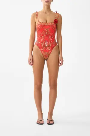 Camilla Straight Neck One Piece With Rosette Detail - Olé Olé