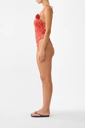 Camilla Straight Neck One Piece With Rosette Detail