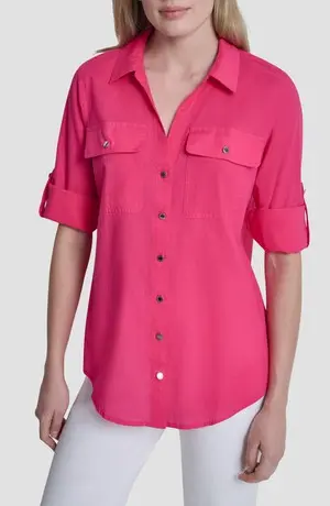 Dkny Short Sleeve Roll Tab Shirt - Hot Pink