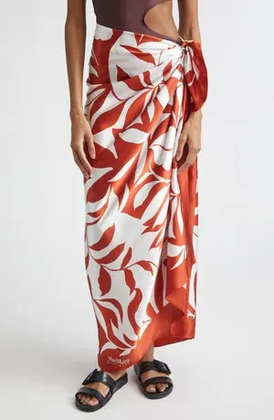 Max Mara Beachwear Foam Leaf Print Silk Scarf - Coral