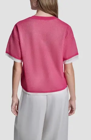 Dkny Boxy Mesh Overlay Top - Hot Pink/ivory