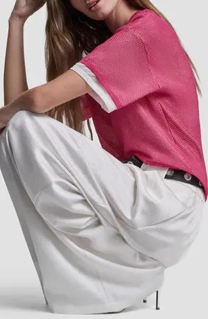 Dkny Boxy Mesh Overlay Top - Hot Pink/ivory