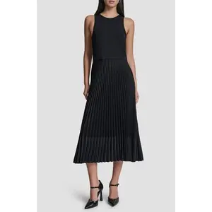 Dkny Mixed Media Pleat Midi Dress - Navy