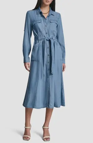 Dkny Tie Waist Roll Tab Chambray Midi Shirtdress - Stream Wash