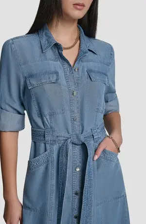 Dkny Tie-waist Chambray Midi Shirtdress