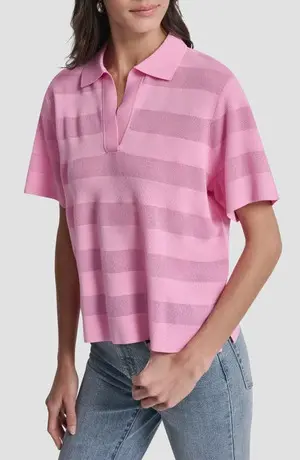 Dkny Sheer Stripe Polo - Bright Peony