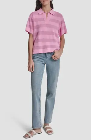 Dkny Sheer Stripe Polo - Bright Peony