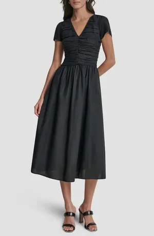 Dkny Ruched Bodice Linen Blend Midi Dress - Black