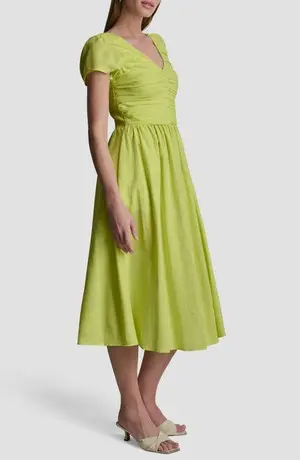 Dkny Ruched Bodice Linen Blend Midi Dress - Limeade