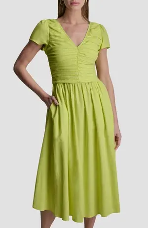 Dkny Ruched Bodice Linen Blend Midi Dress - Limeade