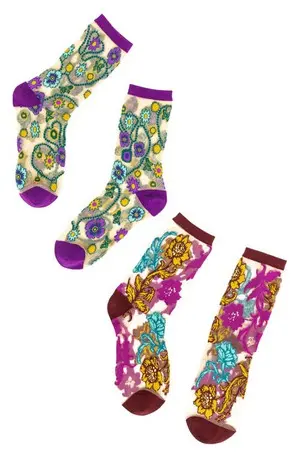 SOCK CANDY Baroque Botanicals Sheer Crew Socks 2-pack - Purple Multi