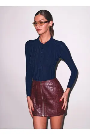 FLEUR DU MAL Long Sleeve Rib Polo Bodysuit - Blue / Navy