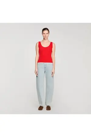 Sandro Knit Top With Lace Trim