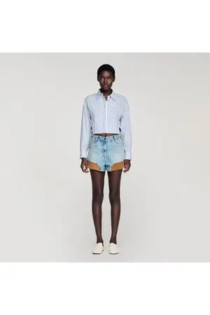 Sandro Riveted Denim And Suede Shorts - Stripe / Grey