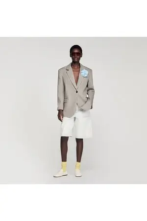 Sandro Checked Wool Suit Jacket With Brooch - Neutral