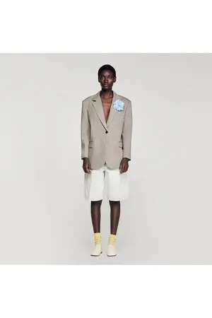 Sandro Checked Wool Suit Jacket With Brooch - Neutral