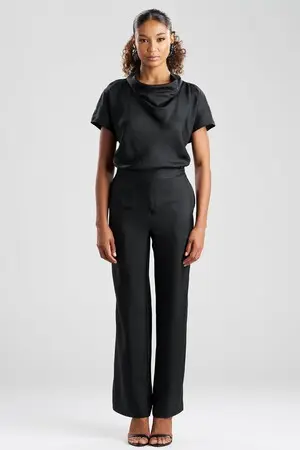 Natori Solid Silk Twill Pull On Straight Leg Pants - Black