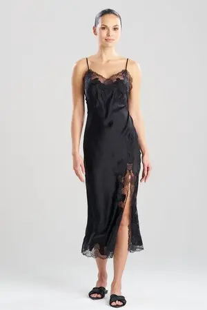 Natori Lolita Lace Slit Silk Slip Dress - Black