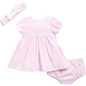 LITTLE ME Flower Embroidered Smocked Dress & Headband Set - Pink