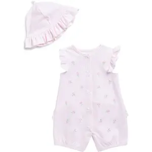 LITTLE ME Embroidered Floral Romper & Hat Set - Pink