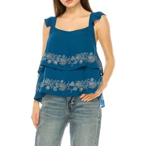 A COLLECTIVE STORY Embroidered Babydoll Top - Parisian Blue