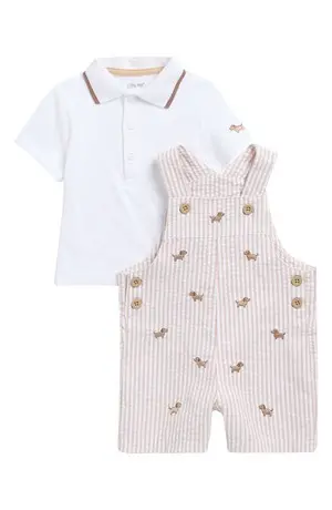 LITTLE ME Puppies Polo Shirt & Shortalls Set - Tan