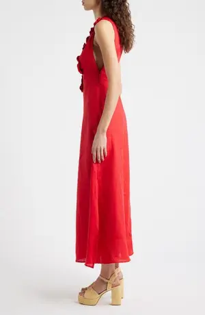 Farm Rio Floral Appliqué Linen Midi Dress