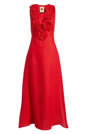 Farm Rio Floral Appliqué Linen Midi Dress
