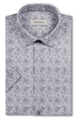 Bugatchi Miles Ooohcotton® Leaf Print Short Sleeve Button-up Shirt - Shark