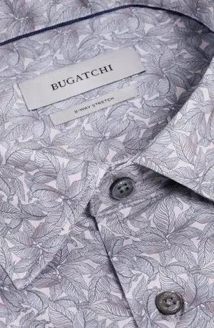 Bugatchi Miles Ooohcotton® Leaf Print Short Sleeve Button-up Shirt - Shark