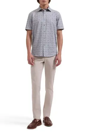Bugatchi Miles Ooohcotton® Leaf Print Short Sleeve Button-up Shirt - Shark