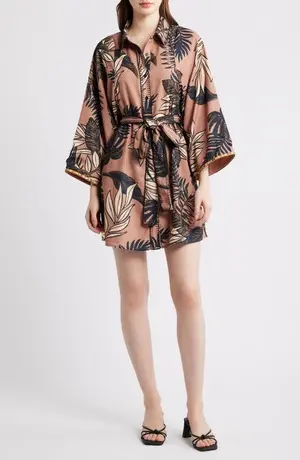 CIEBON Gaia Leaf Print Mini Shirtdress - Taupe