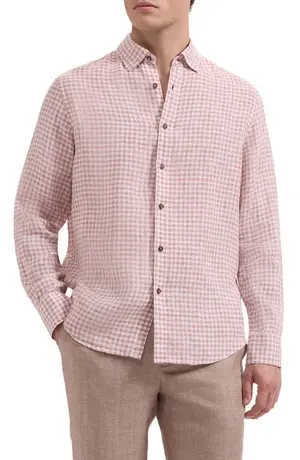 Bugatchi Karl Shaped Fit Gingham Check Linen Button-up Shirt - Brick