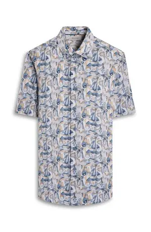 Bugatchi Orson Shaped Fit Abstract Paisley Short Sleeve Stretch Cotton Button-up Shirt - Cobalt