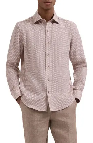 Bugatchi Axel Trim Fit Lattice Print Cotton Button-up Shirt - Desert