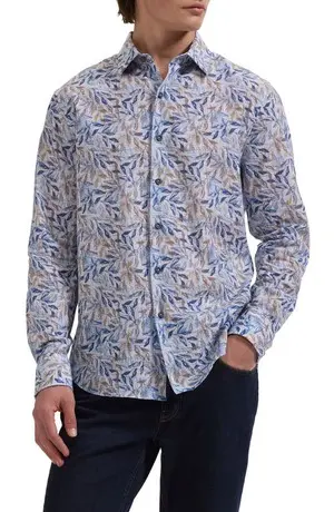 Bugatchi Julian Shaped Fit Leaf Print Cotton & Linen Button-up Shirt - Cobalt