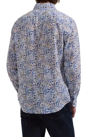 Bugatchi Julian Shaped Fit Leaf Print Cotton & Linen Button-up Shirt - Cobalt