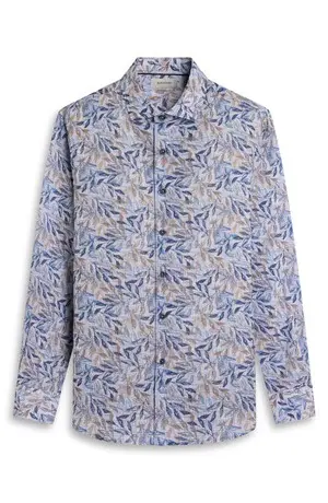 Bugatchi Julian Shaped Fit Leaf Print Cotton & Linen Button-up Shirt - Cobalt