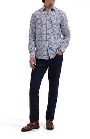 Bugatchi Julian Shaped Fit Leaf Print Cotton & Linen Button-up Shirt - Cobalt