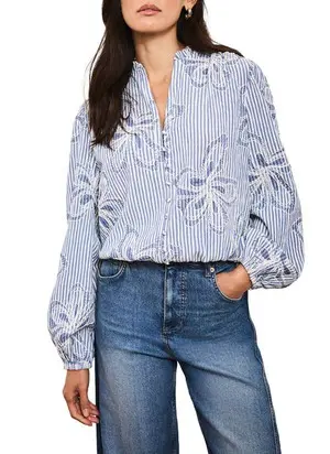 Mint Velvet Striped Embroidered Floral Blouse - Blue