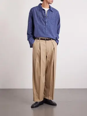 MONITALY Wide-leg Cropped Pleated Cotton Trousers
