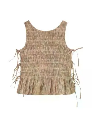 GANNI Shirred Tie Blouse Sleeveless, Smocked, Ruffled Hem - Neutrals